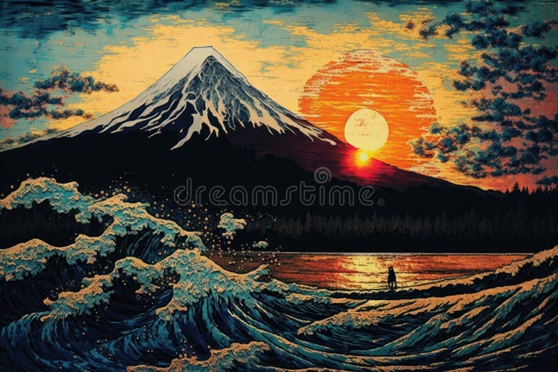 Japan Style. Mountain, Sun, Sky. Abstract Picture in the Style of Post ...