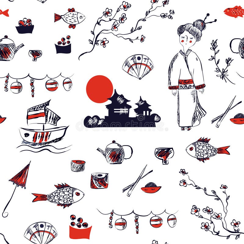 Japan Symbols Seamless Pattern - Graphic Hand Drawn Illustration Stock ...