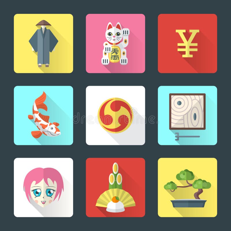 Japan Theme Flat Style Icons Set Stock Vector - Illustration of kagami ...