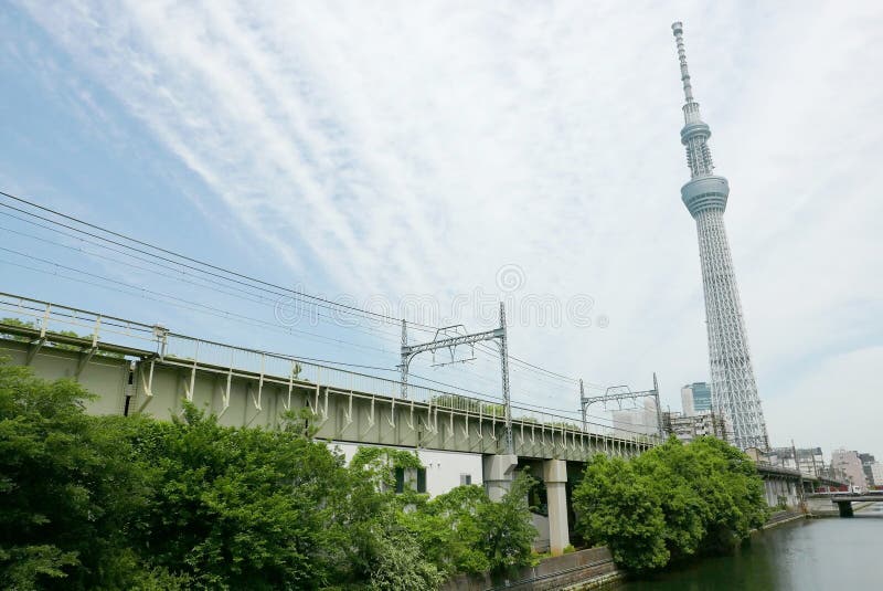 Japan Tower, Building River, Train Track with Sky Editorial Stock Photo ...