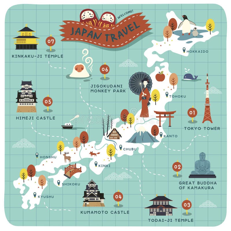 Japan travel map stock vector. Illustration of asia, sign - 76555976
