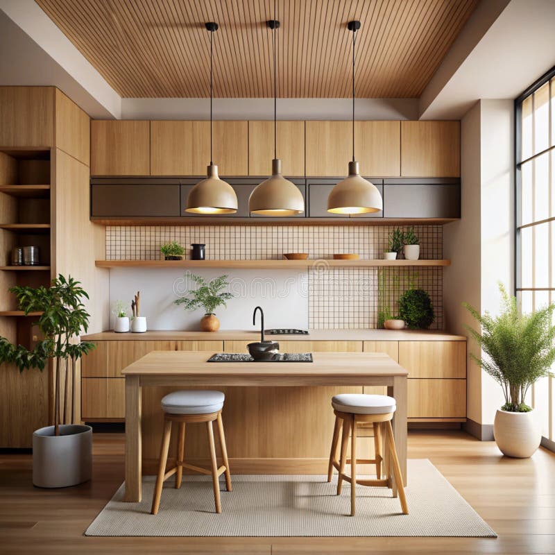Japandi-Inspired Kitchen with Neutral Tones and Zen Minimalism Stock ...