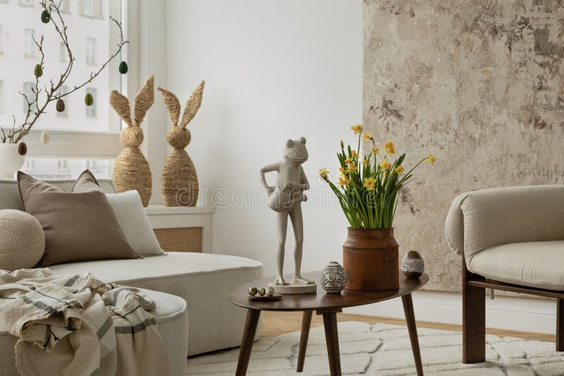 A Japandi-inspired Living Space with Easter Decor Featuring a Rustic ...