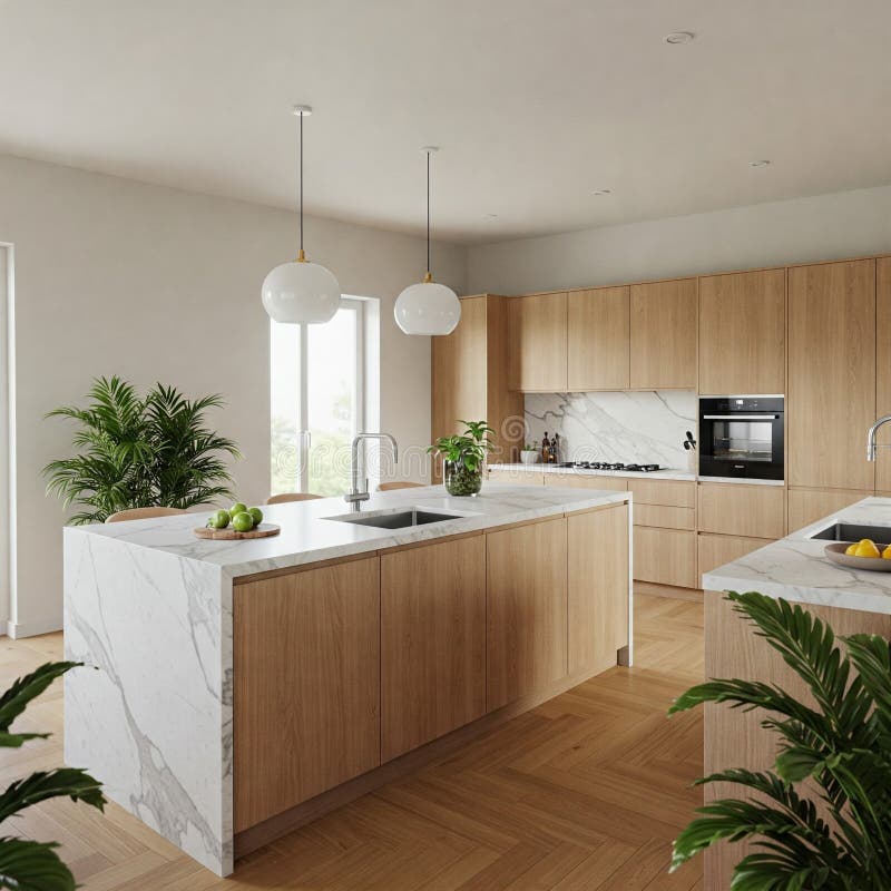 Japandi Kitchen Interior with Oak Cabinets in Natural Light Stock Illustration - Illustration of ...