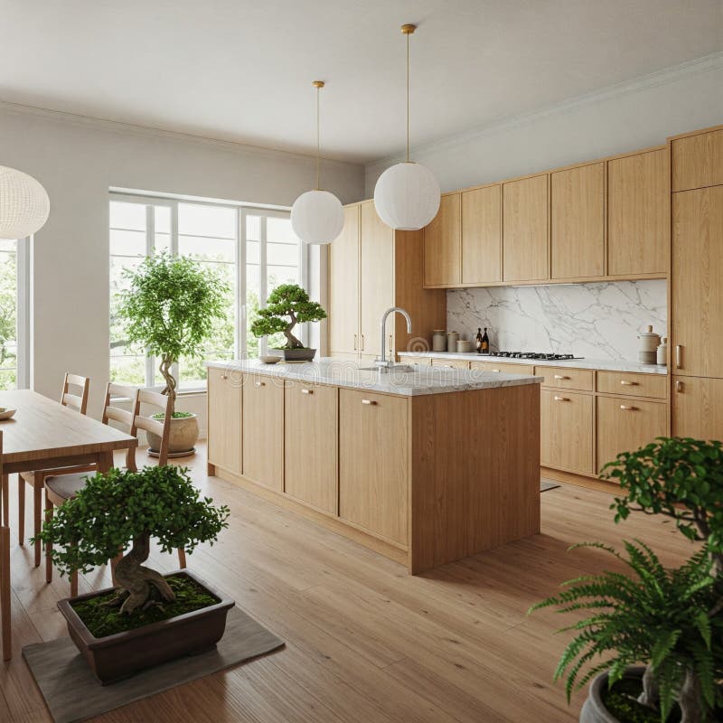 Japandi Kitchen Interior with Oak Cabinets in Natural Light Stock Illustration - Illustration of ...
