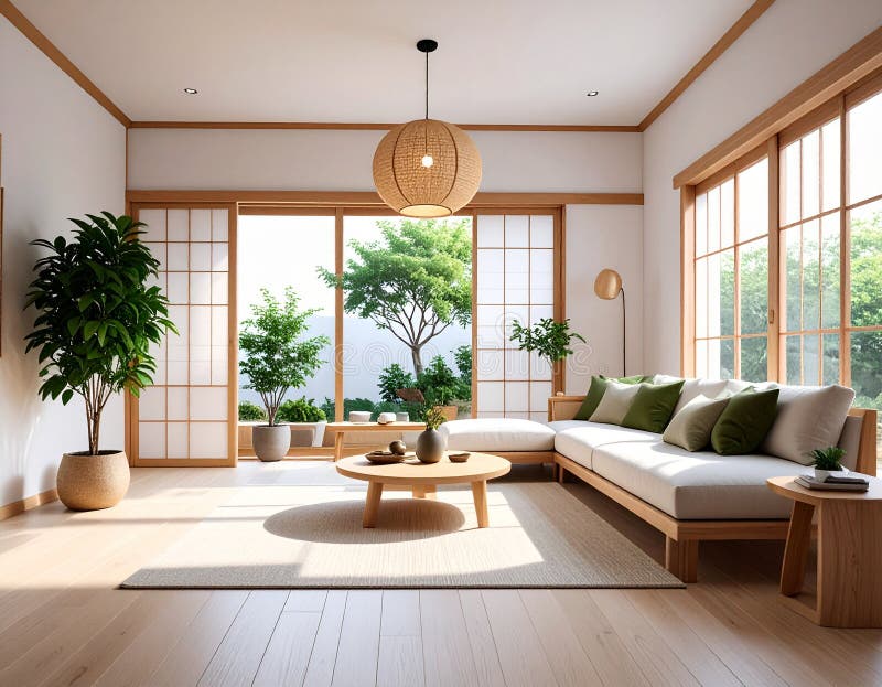 Japandi Living Room Minimalist Interior Design Stock Image - Image of ...