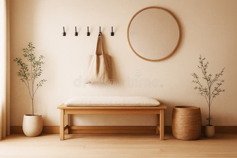 Japandi-style Entryway with Natural Tones and Minimalist Decor Stock ...