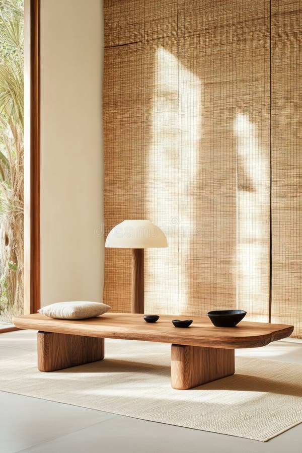 A Japandi Style Living Area Features a Low Wooden Table and Soft ...