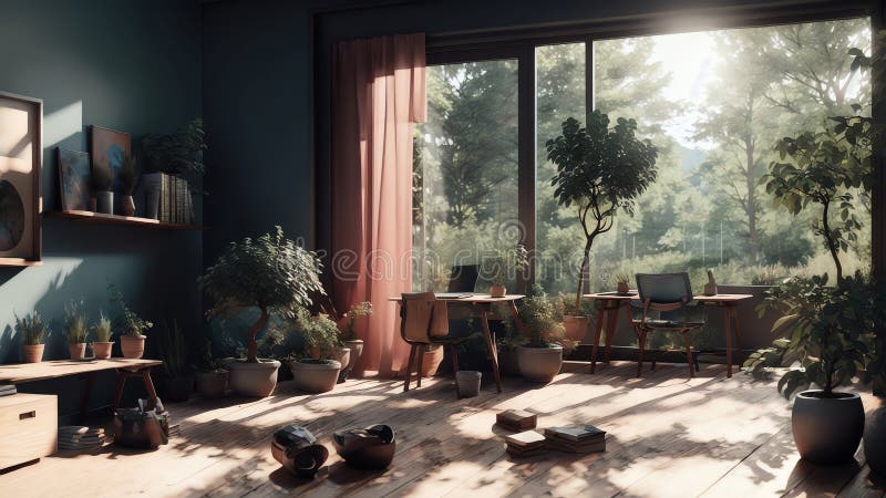 Japandi-Style Study Room Includes Plants. a Bonsai Tree. a Wooden Desk ...