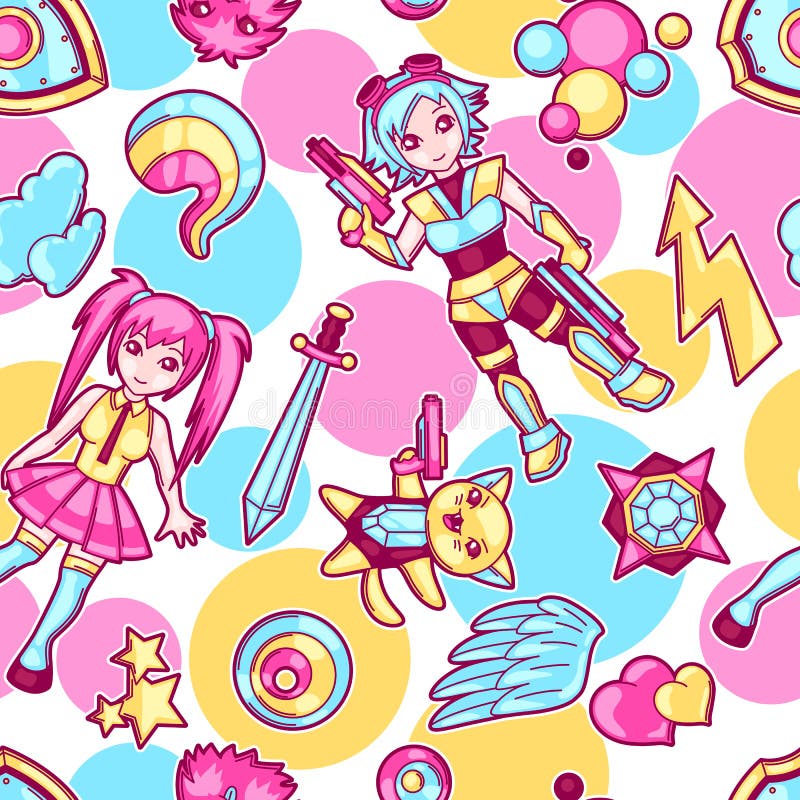 Japanese Anime Cosplay Seamless Pattern. Cute Kawaii Characters and ...
