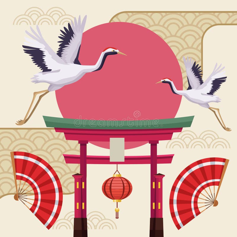 Japanese arch and storks stock vector. Illustration of lamp - 228443019