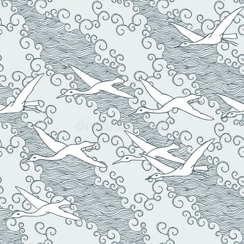 Japanese Art Inspired Seamless Pattern with Birds and Waves Stock ...