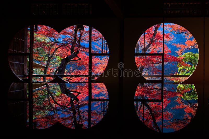 Japanese Autumn Scenery in Round Windows with Reflection Stock Photo ...