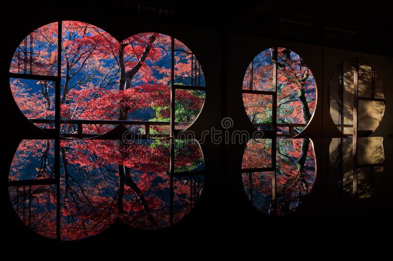 Japanese Autumn Scenery in Round Windows with Reflection Stock Photo ...