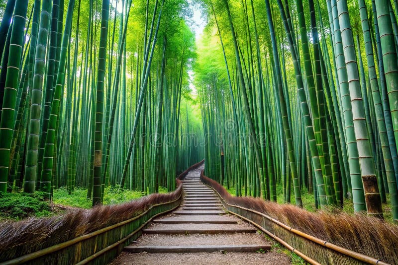 Japanese Bamboo Forest Pathway at Sunrise Stock Illustration ...