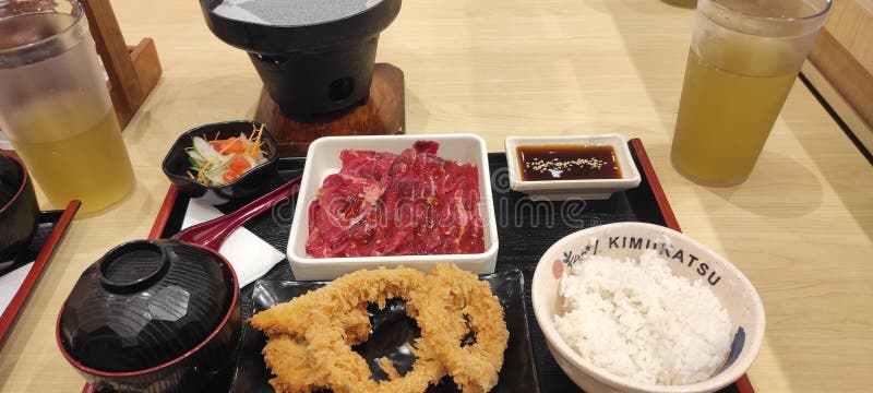 Japanese Beef Set with Onion Ring and Green Tea Stock Photo - Image of ...