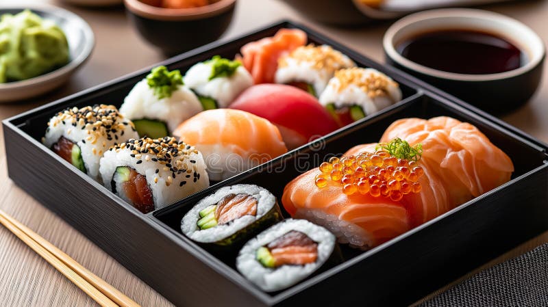 Japanese Bento Box with Assorted Sushi, Rolls and Nigiri Stock ...