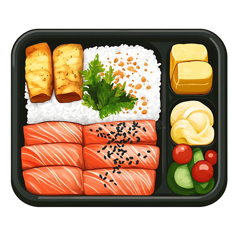 Japanese Bento Box with Salmon, Rice, and Vegetables Stock Illustration ...