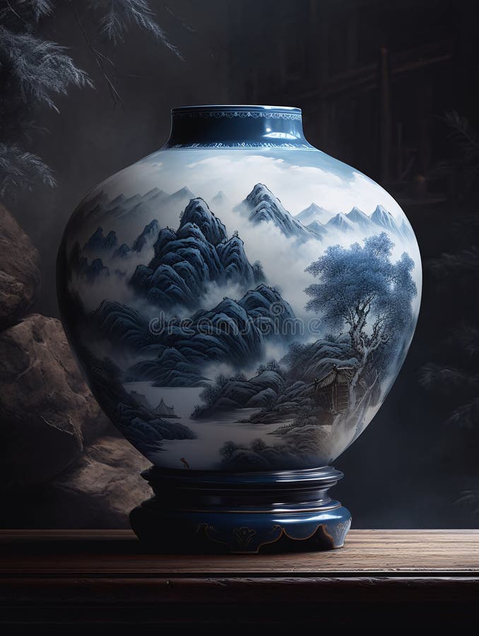 A Japanese Blue and White Vase with a Blue Pattern of Mountains and ...