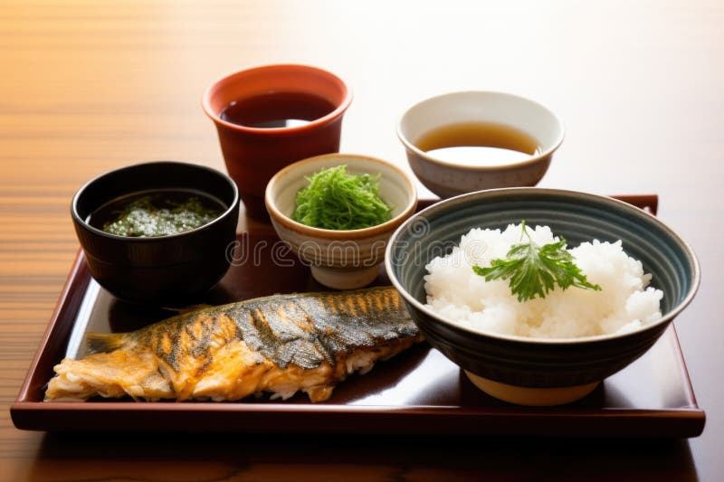 Japanese Breakfast with Grilled Fish, Rice, and Miso Soup Stock Image ...