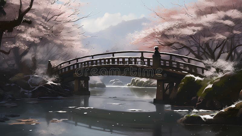 Japanese Bridge Over the River. Digital Painting of a Japanese Bridge ...