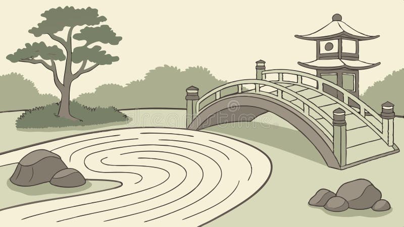 Japanese Bridge Pond Garden, Zen Garden and Tranquil Landscape Vector ...