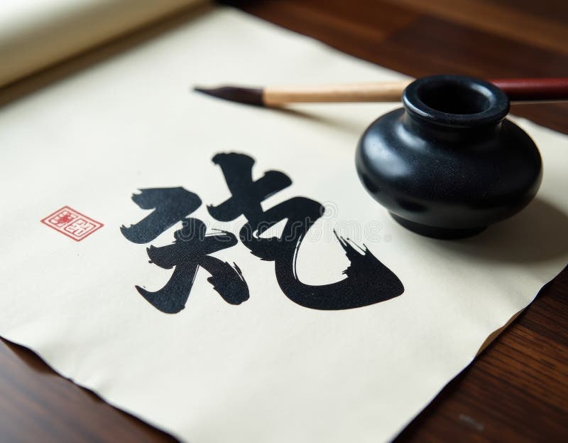 Japanese Calligraphy, Ink Brush, and Inkwell Stock Illustration ...