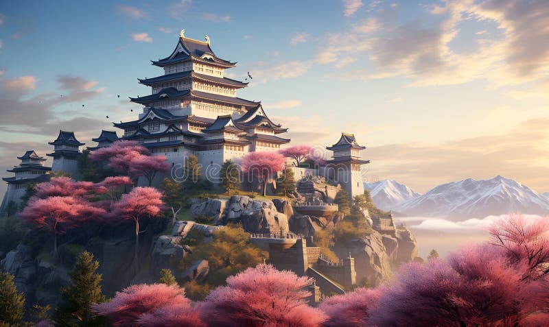 Japanese Castle on a Beautiful Hill Seen from Afar, Ai Generative Stock ...