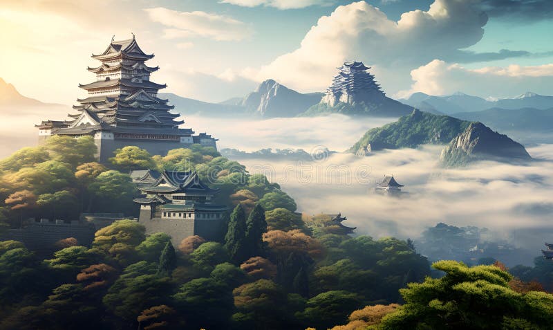Japanese Castle on a Beautiful Hill Seen from Afar, Ai Generative Stock ...