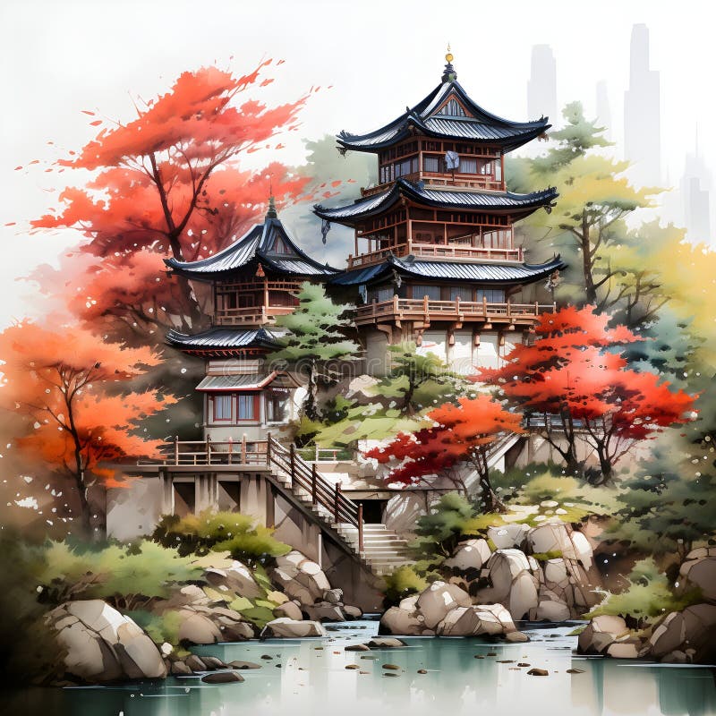 Japanese Castle Brush Drawing 1 Stock Illustration - Illustration of ...