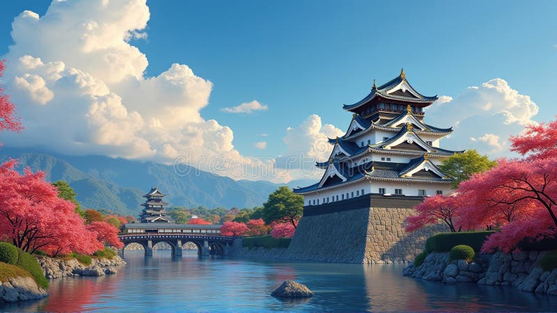 Japanese Castle with Cherry Blossoms and Bridge. Stock Illustration ...