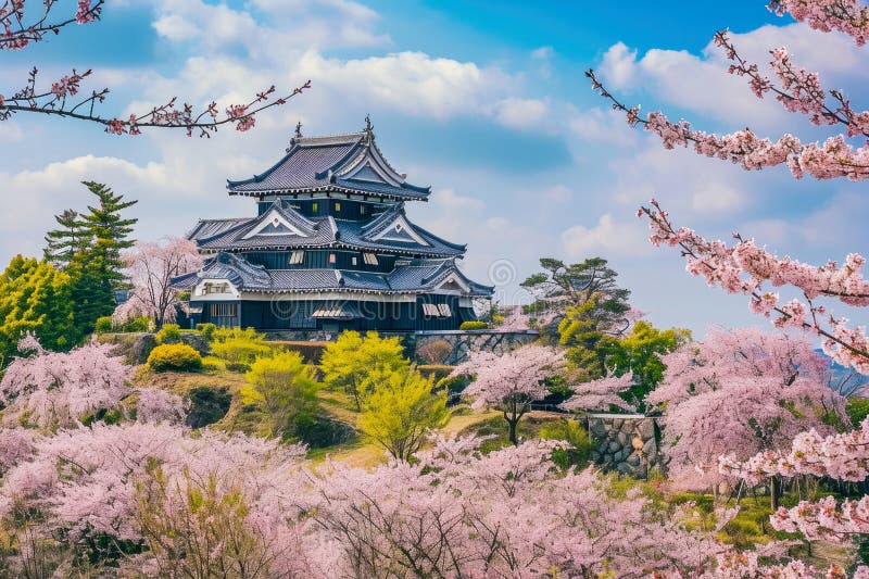 Japanese Castle on a Hill with Cherry Blossoms in the Foreground Stock ...