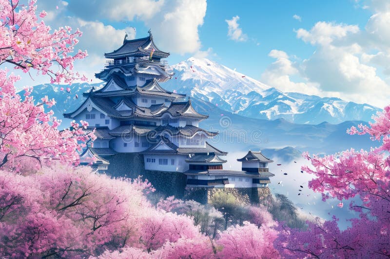 Japanese Castle on a Hill with Cherry Blossoms in the Foreground Stock ...