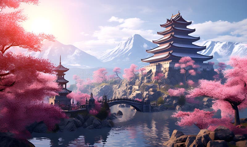 Pink Cherry Trees and Japanese Castle, Ai Generative Stock Illustration ...