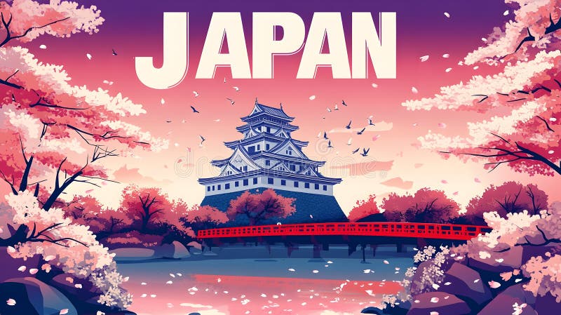 Japanese Castle in Sakura Blossom Landscape with Bridge and Water ...