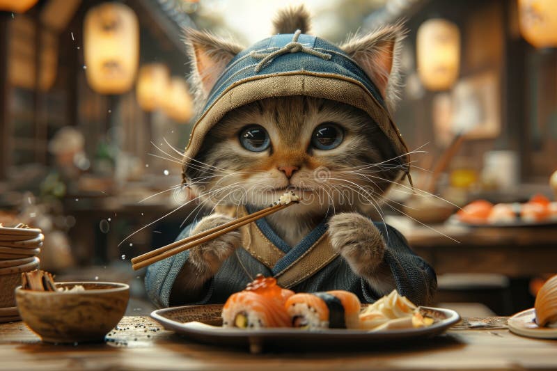 A Japanese Cat Sits at a Table and Eats Sushi Stock Image - Image of ...