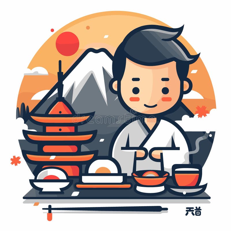 Japanese Chef in Front of the Mountain. Vector Illustration in Flat ...