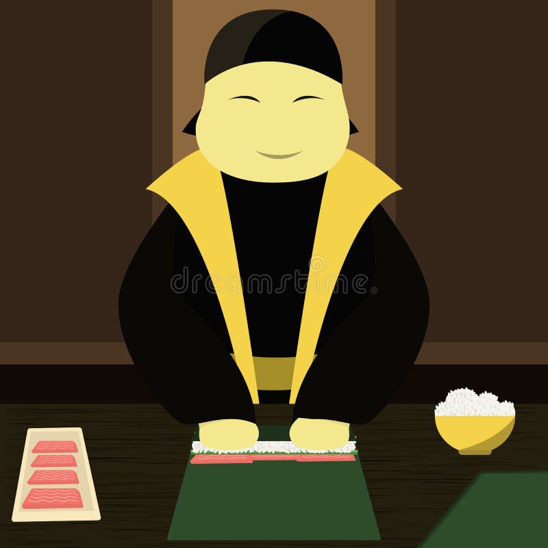Japanese chef makes sushi. stock illustration. Illustration of knife ...