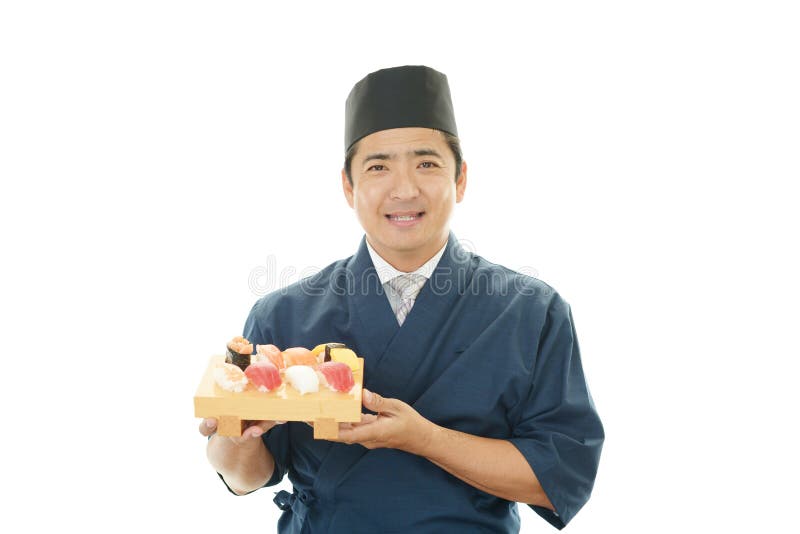 Japanese Chef with a Plate of Sushi Stock Photo - Image of apron, cook ...