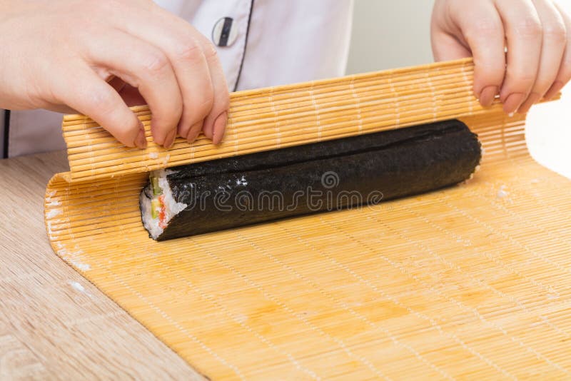 Chef Prepares Rolls, Hands Closeup Stock Photo - Image of food, caviar ...