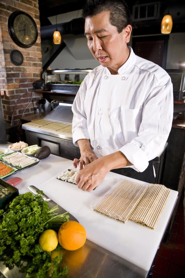 Japanese Chef in Restaurant with Sushi Ingredients Stock Image - Image ...