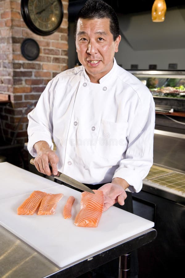 Japanese Chef Slicing Raw Fish for Sushi Stock Image - Image of gourmet ...