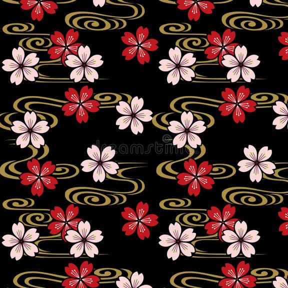 Japanese Cherry Blossoms and Stream Pattern Stock Vector - Illustration ...