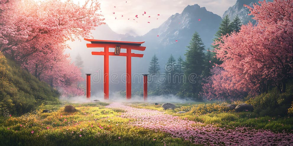 Japanese Cherry Blossoms Torii Gate Spring Scenery Stock Illustration ...