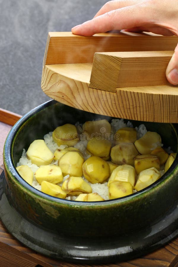 Japanese Chestnut Rice in Earthenware Pot Stock Image - Image of close ...