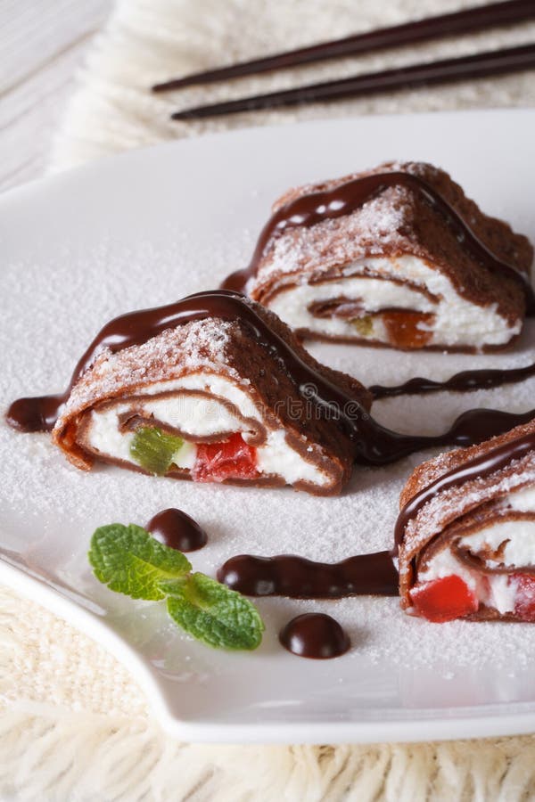 Japanese Chocolate Crepe Rolls with Cheese Close-up. Horizontal Stock ...