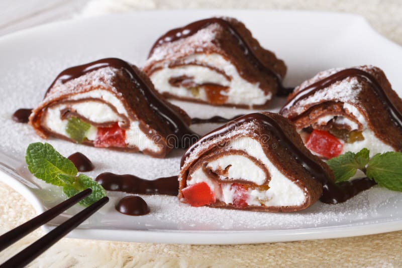Japanese Chocolate Crepe Rolls with Cheese Close-up. Horizontal Stock ...