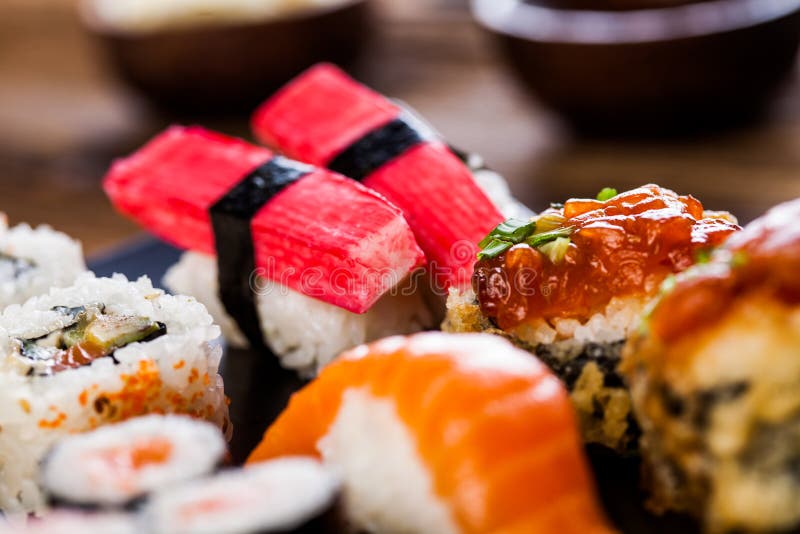 Japanese Concept with Sushi on the Wooden Table Stock Photo - Image of ...