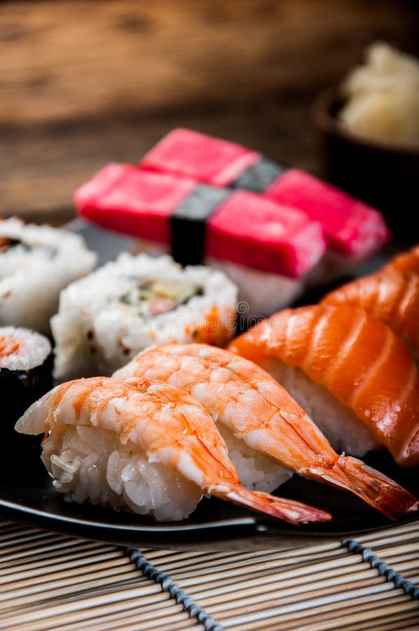 Japanese Concept with Sushi on the Wooden Table Stock Photo - Image of ...