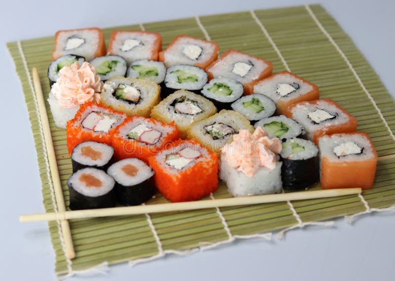 Japanese Cuisine Sushi Rolls Rice Red Fish Stock Photo - Image of ...